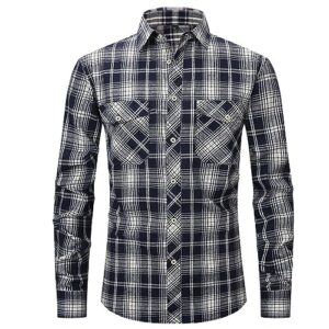 Men's Double Pocket Plaid Flannel Shirt Long Sleeve Button Down Business Formal Chemise M512 US Size XXL