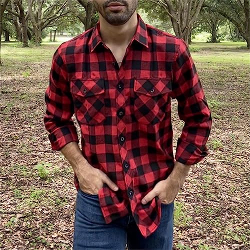 Adhdyuud Men's Flannel Plaid Long Sleeve Casual Button Shirt Classic Checkered Pocket Shirts M512 USA S Asian L