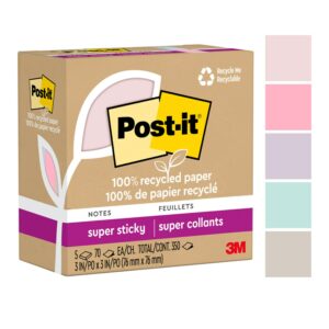 post-it 100% recycled paper super sticky notes, 2x the sticking power, 3x3 in, 5 pads, 70 sheets/pad, wanderlust pastels collection (654r-5ssnrp)