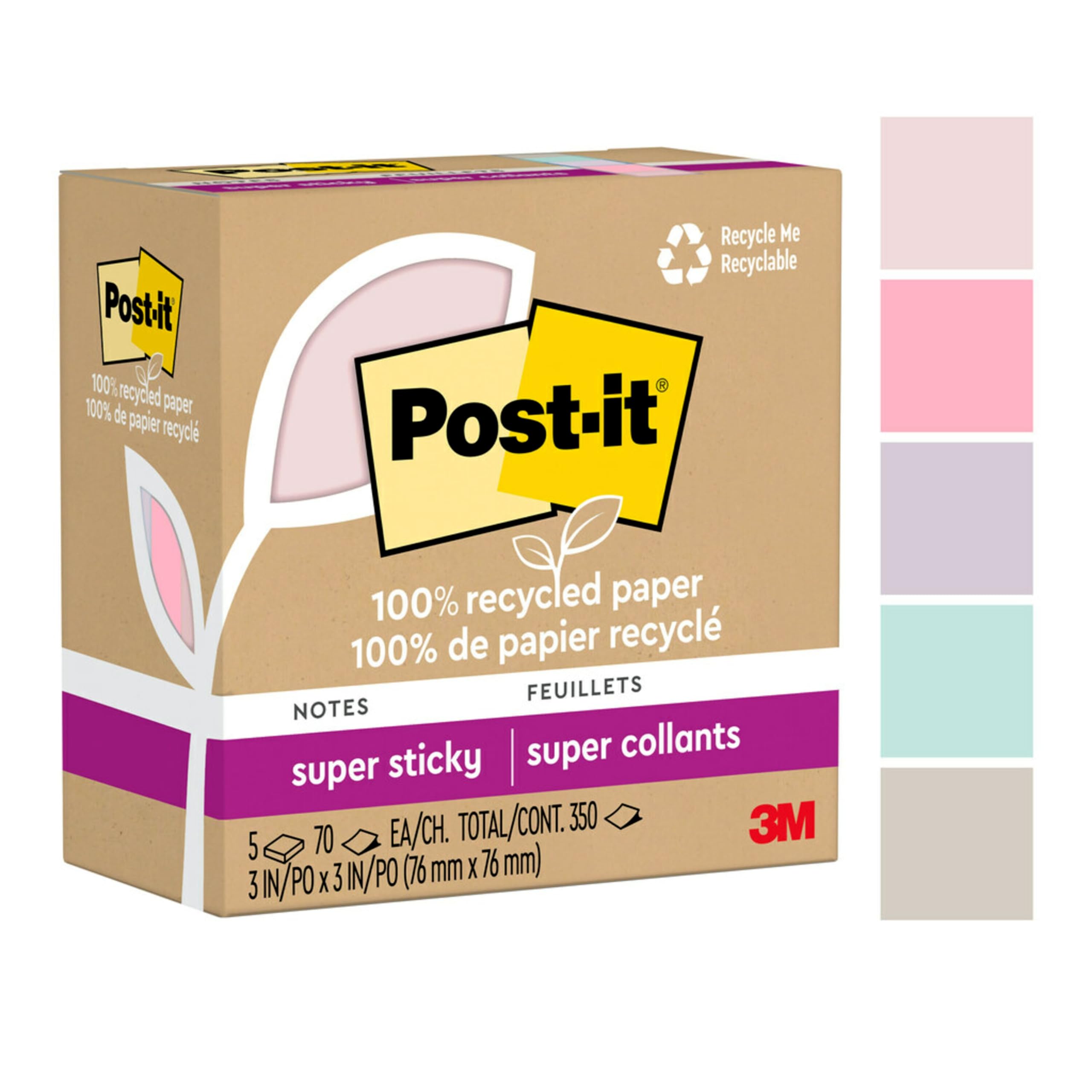 Post-it 100% Recycled Paper Super Sticky Notes, 2X The Sticking Power, 3x3 in, 5 Pads, 70 Sheets/Pad, Wanderlust Pastels Collection (654R-5SSNRP)