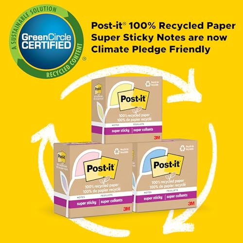 Post-it 100% Recycled Paper Super Sticky Notes, 2X The Sticking Power, 3x3 in, 5 Pads, 70 Sheets/Pad, Wanderlust Pastels Collection (654R-5SSNRP)