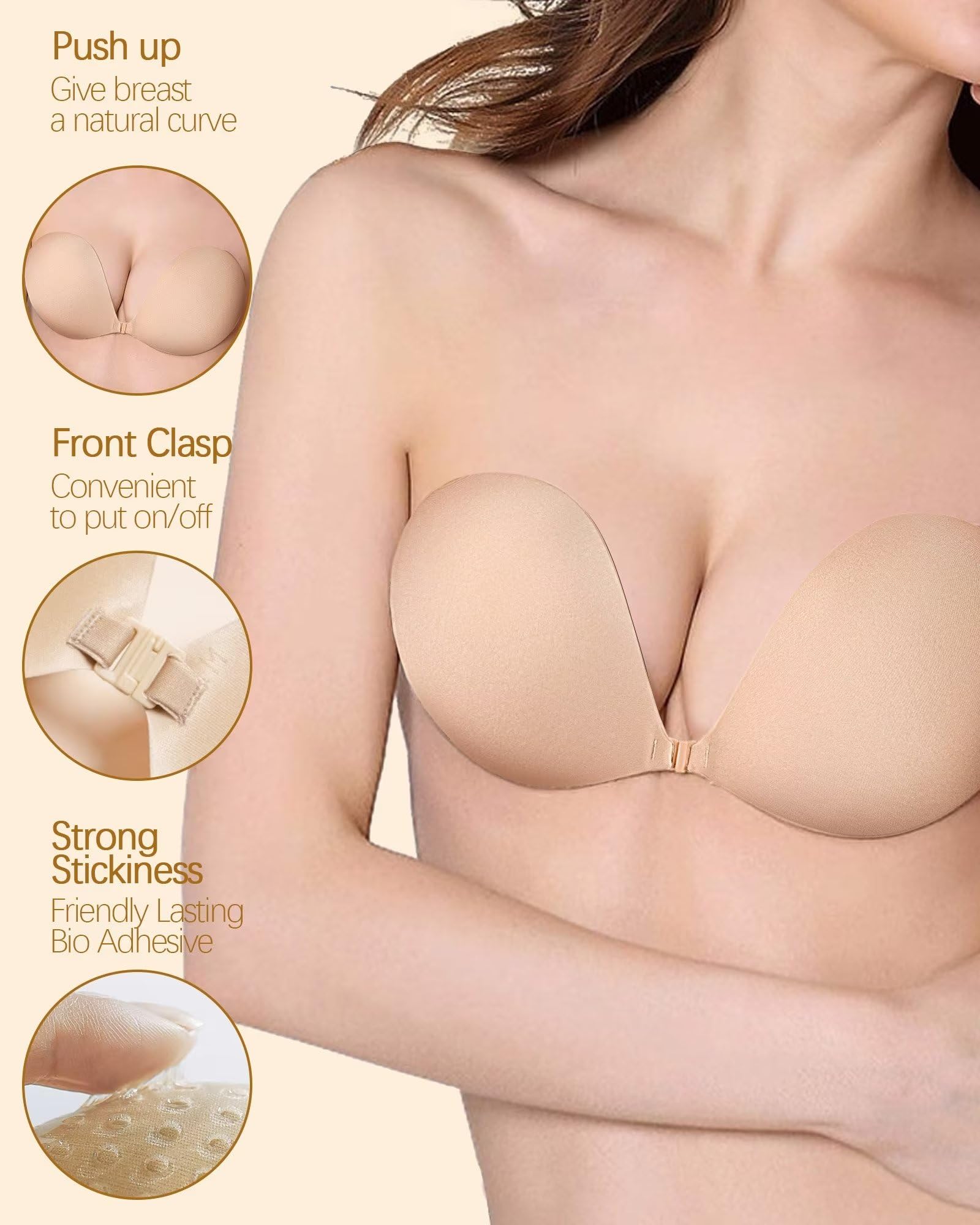 digitharbor StickyAdhesive Bra Strapless Invisible Push up Silicone Bra for Backless Dress with Nipple Covers-3 Nude