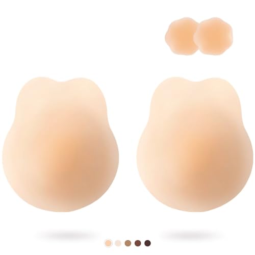 APOWUS Lift Ultra-Thin Sticky Bra,Adhesive Bras Push Up Invisible, Backless Strapless Bra Pasties Nipple Covers (L/XL Fit D/D+ Warm Crème)