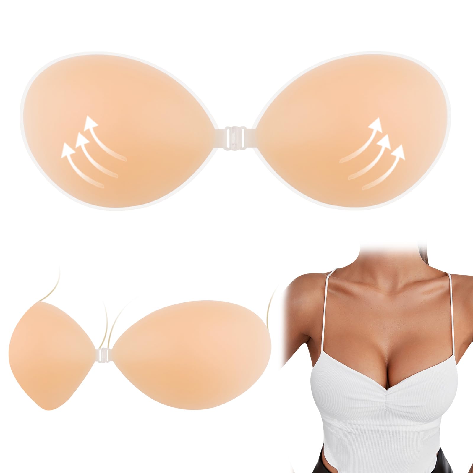 DAFYNCH Adhesive Bra Push Up Sticky Bra Silicone Bra Cups Invisible Bras Backless Strapless Reusable Bra for Women(B) Nude