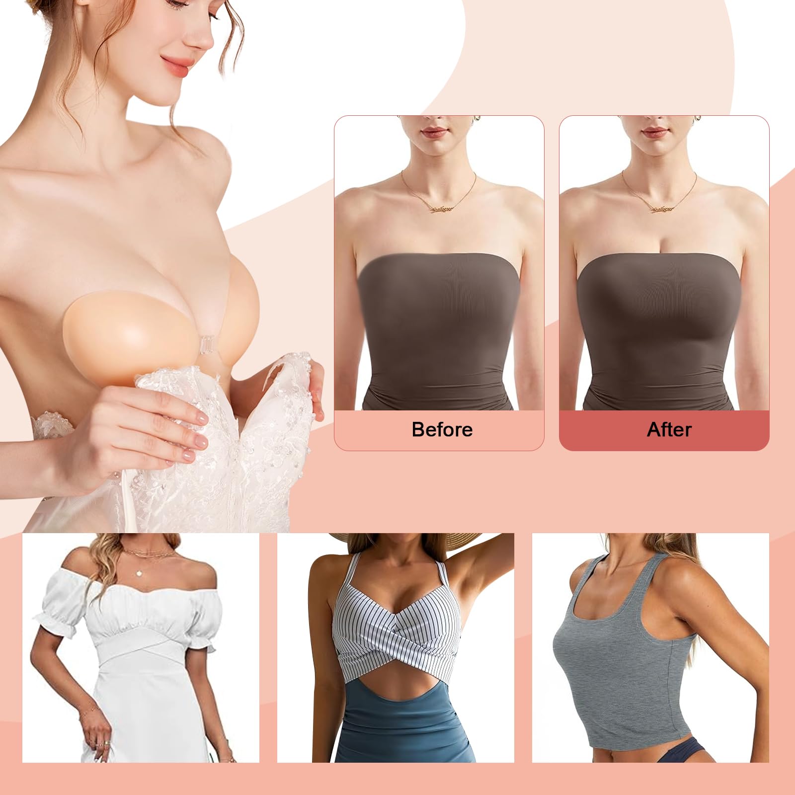 DAFYNCH Adhesive Bra Push Up Sticky Bra Silicone Bra Cups Invisible Bras Backless Strapless Reusable Bra for Women(B) Nude