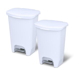 glad 13 gallon trash can 2 pack | plastic kitchen waste bins with odor protection of lid | hands free with step on foot pedal and garbage bag rings, 13 gallon, white