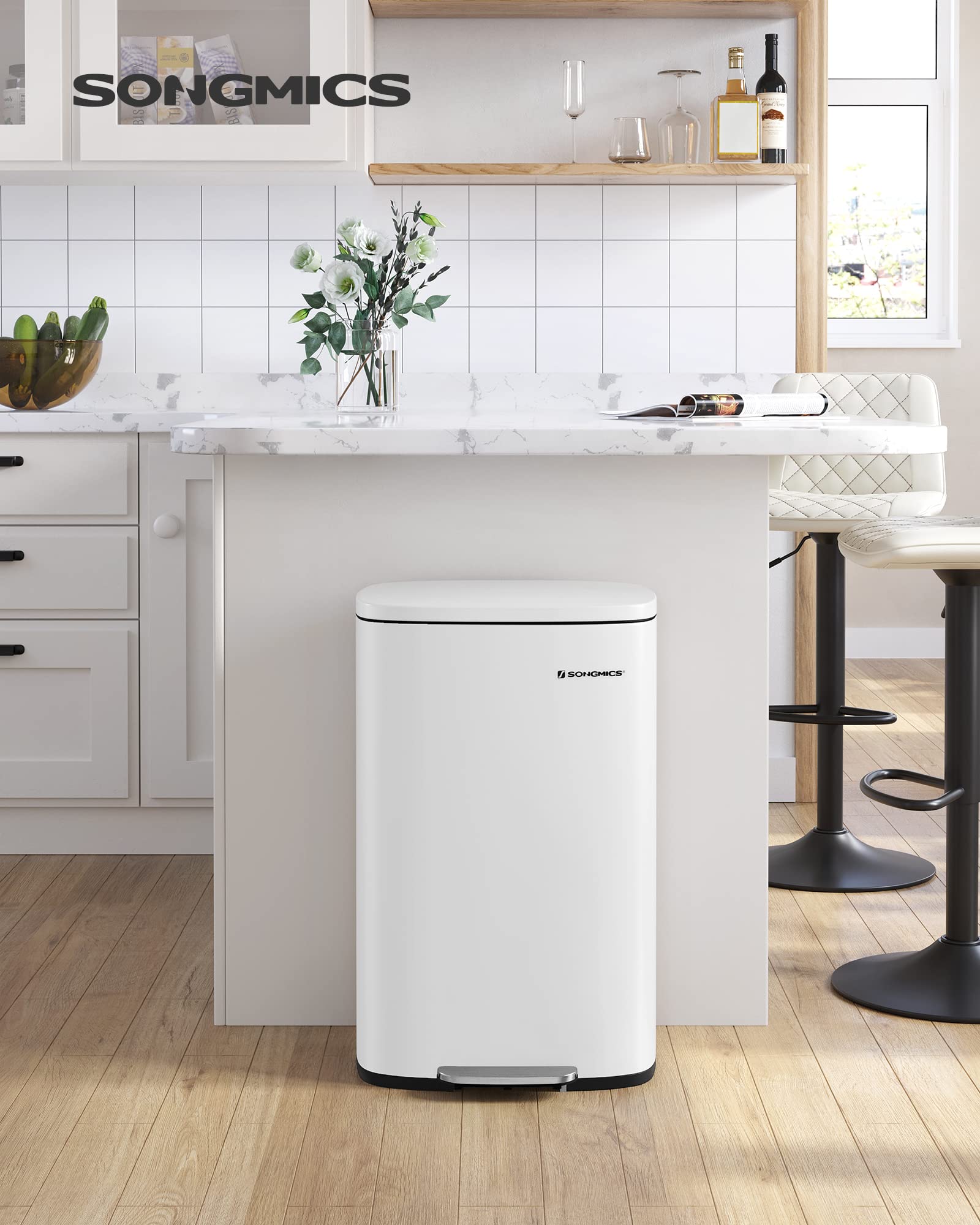 SONGMICS 13 Gallon Trash Can, Stainless Steel Kitchen Garbage Can, Recycling or Waste Bin, Soft Close, Step-On Pedal, Removable Inner Bucket, White ULTB050W01