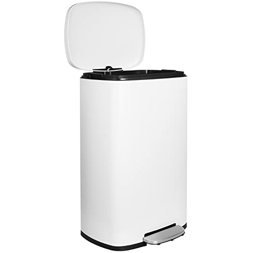 Arlopu 8/13.2 Gallon Step Trash Can, Stainless Steel Garbage Bin, Soft-Close Rubbish Bin with Removable Plastic Inner Bucket, Fingerprint-Proof, Lid Dustbin, Suit for Kitchen Home (White, 50L)