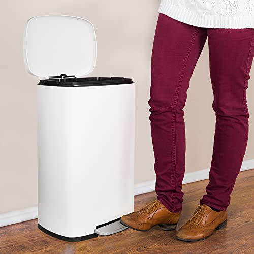 Arlopu 8/13.2 Gallon Step Trash Can, Stainless Steel Garbage Bin, Soft-Close Rubbish Bin with Removable Plastic Inner Bucket, Fingerprint-Proof, Lid Dustbin, Suit for Kitchen Home (White, 50L)