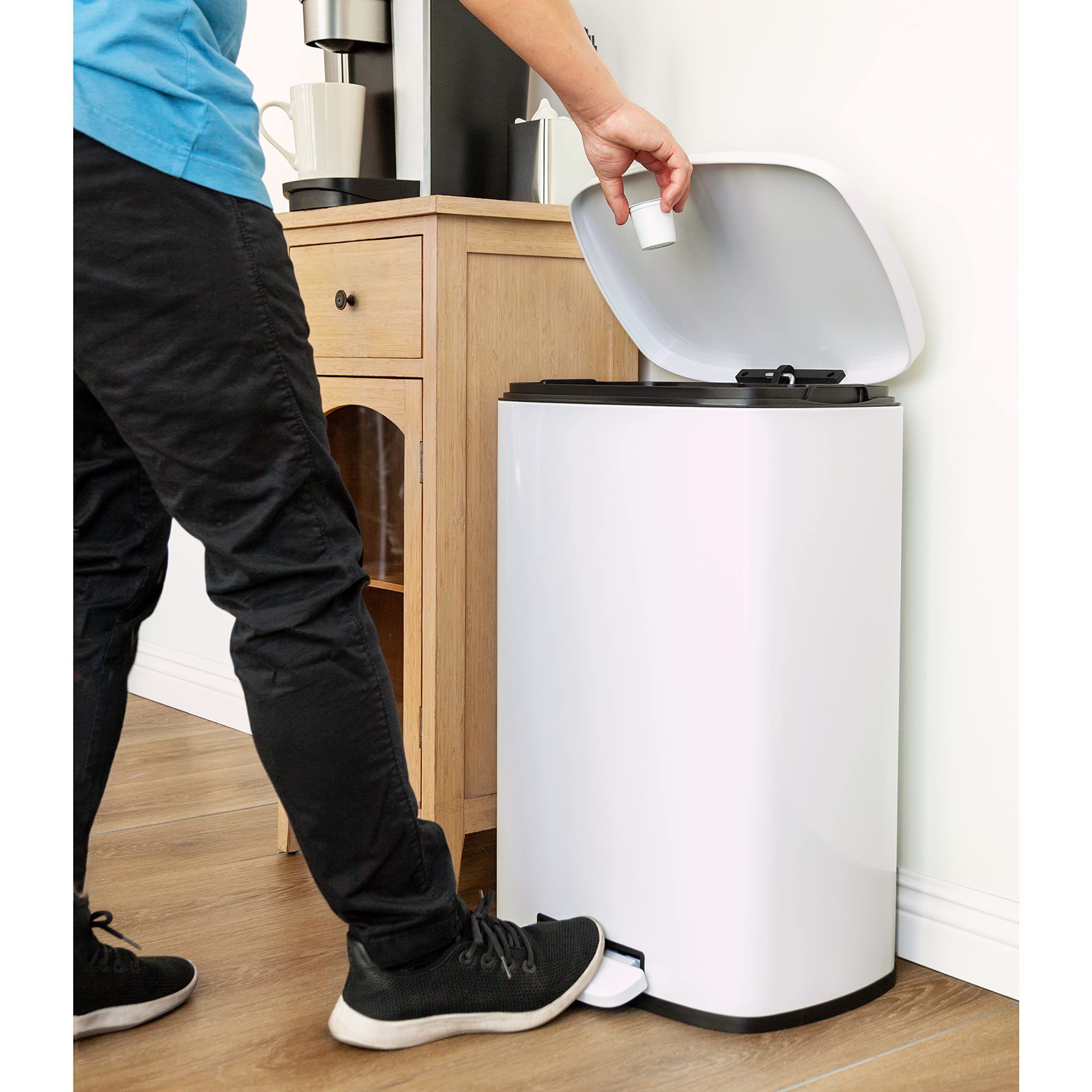 QUALIAZERO 50L/13Gal Heavy Duty Hands-Free Stainless Steel Commercial/Kitchen Step Trash Can, Fingerprint-Resistant Soft Close Lid Trashcan, Rectangle Shape (50L Rectangle White)