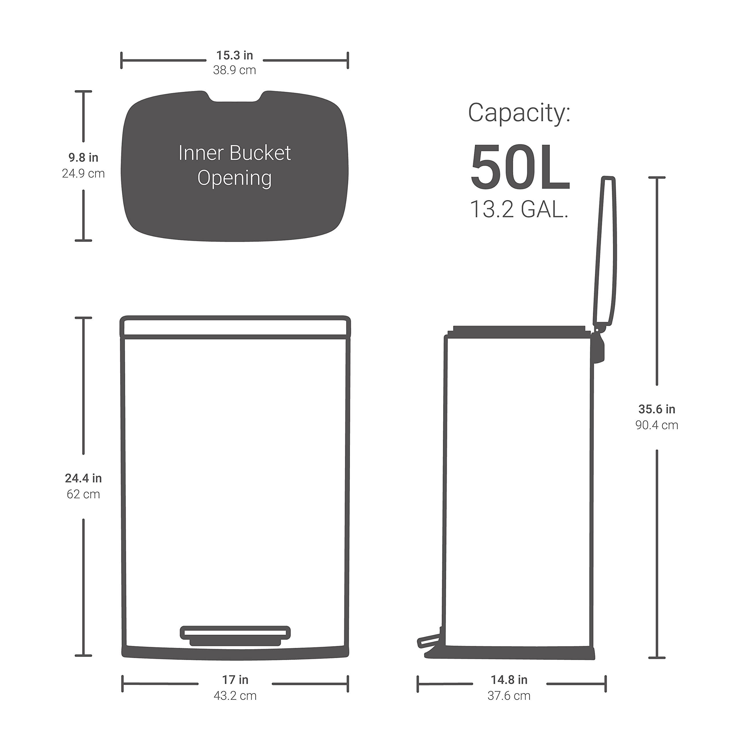 QUALIAZERO 50L/13Gal Heavy Duty Hands-Free Stainless Steel Commercial/Kitchen Step Trash Can, Fingerprint-Resistant Soft Close Lid Trashcan, Rectangle Shape (50L Rectangle White)