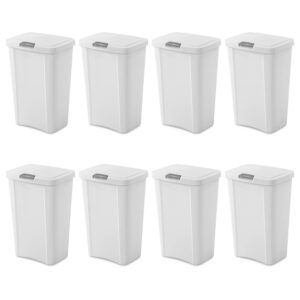 sterilite 13 gallon touchtop wastebasket trash can garbage recycle bin with titanium latch for kitchen, garage, basement, or office, white (8 pack)