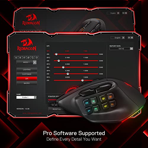 Redragon M811 Aatrox MMO Gaming Mouse, 15 Programmable Buttons Wired RGB Gamer Mouse w/Ergonomic Natural Grip Build, 10 Side Macro Keys, Software Supports DIY Keybinds & Backlit