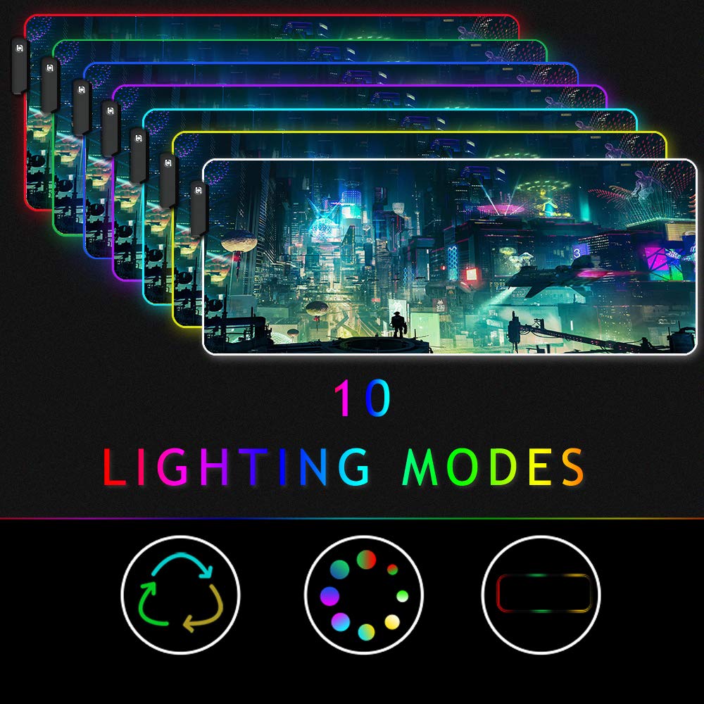 Imegny RGB Mousepad Large, Led Gaming Mouse Pad Oversized Glowing Mat Colorful Soft Mat for Mice Computer Keyboard with Non-Slip Rubber Base Water-Resistant (80x30 rgbgreencity)