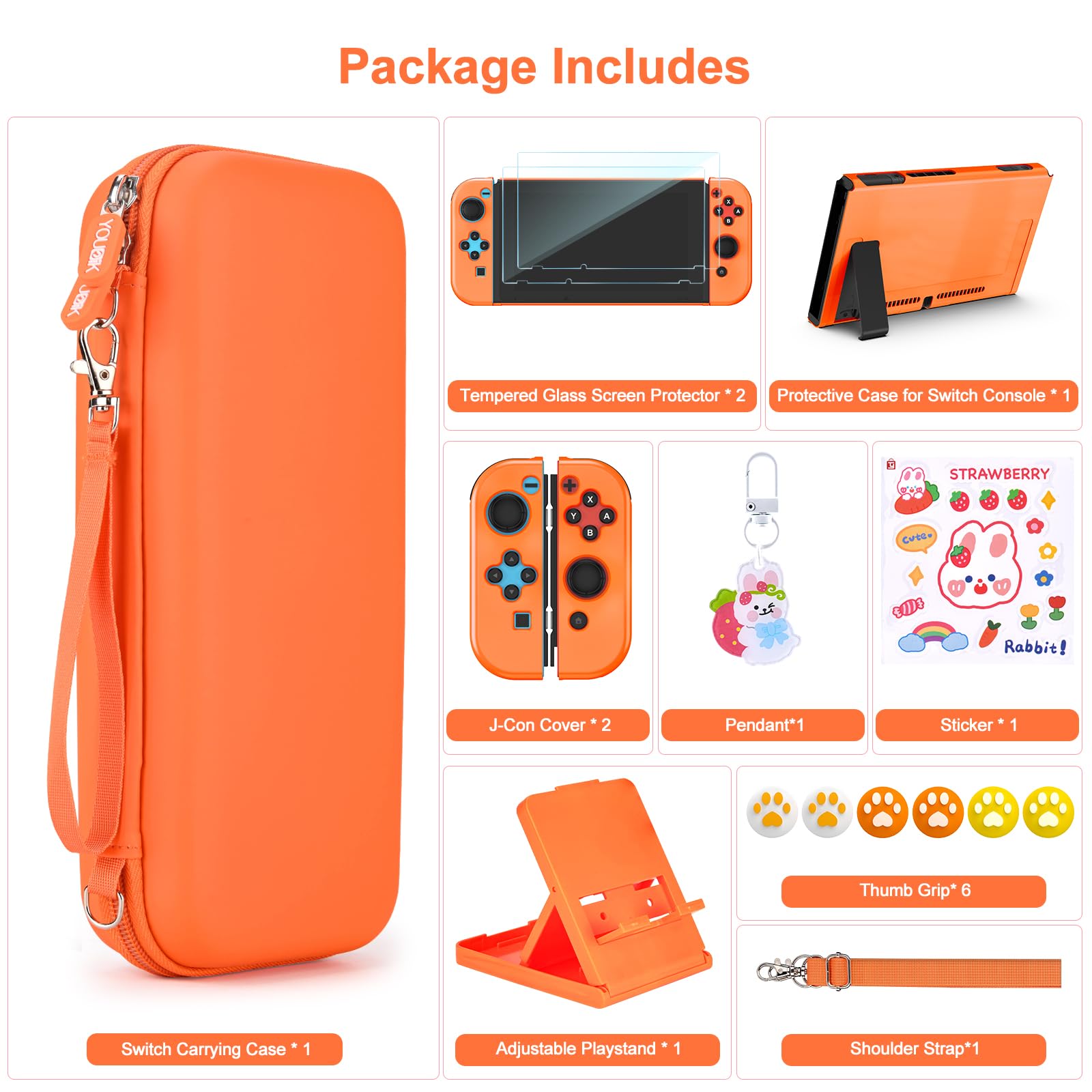 Younik Switch Accessories Bundle, 15 in 1 Orange Switch Accessories Kit for Girls Include Switch Carrying Case, Adjustable Stand, Protective Case for Switch Console & J-Con