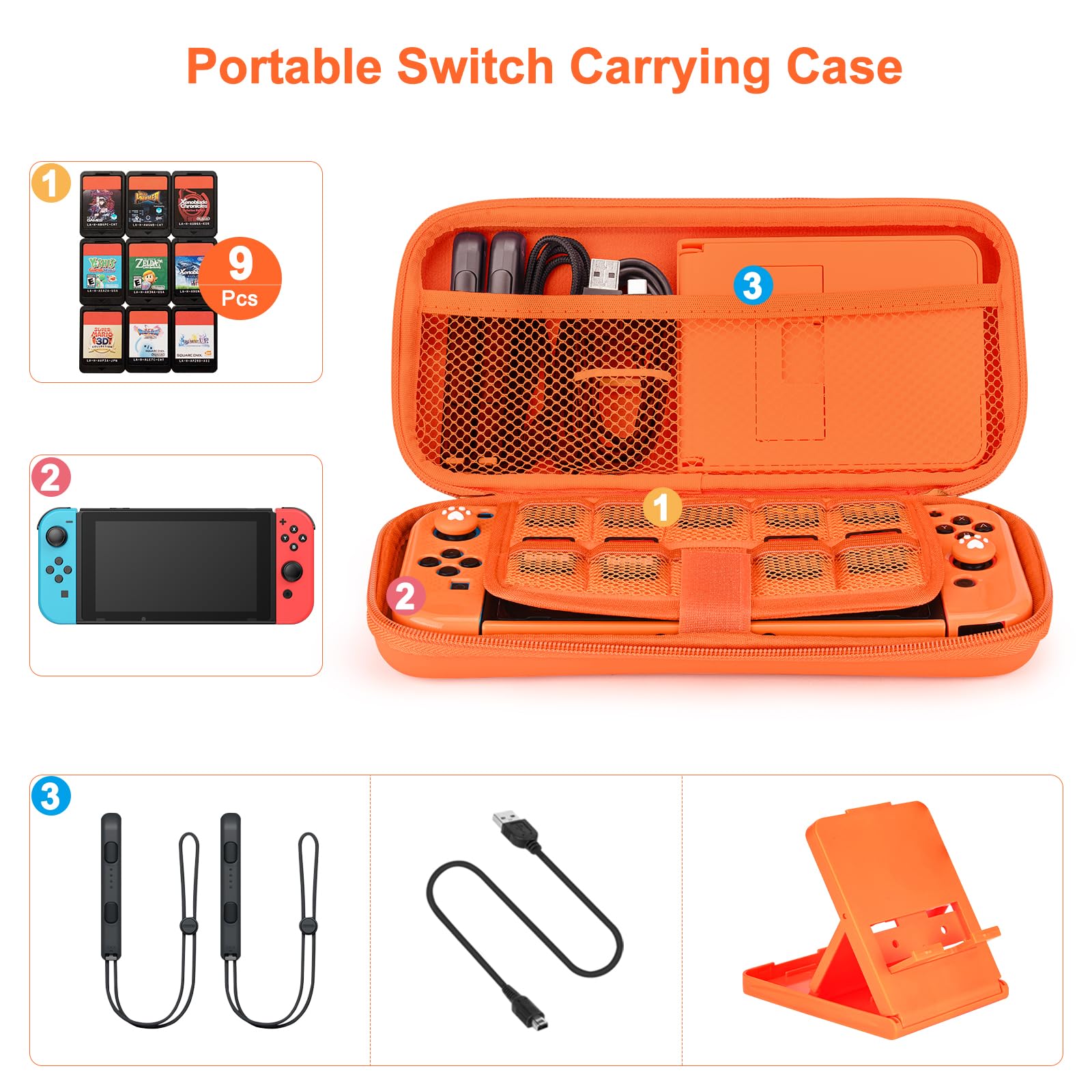 Younik Switch Accessories Bundle, 15 in 1 Orange Switch Accessories Kit for Girls Include Switch Carrying Case, Adjustable Stand, Protective Case for Switch Console & J-Con