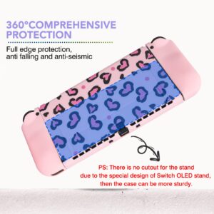 DLseego Pink Love Leopard Carrying Case for Switch OLED, Cute Silicone Protective Soft Cover with 4PCS Thumb Grip Caps and Pink Plush Heart Pendant Hard Storage Case Accessories Kit Bundle for Girls