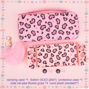 DLseego Pink Love Leopard Carrying Case for Switch OLED, Cute Silicone Protective Soft Cover with 4PCS Thumb Grip Caps and Pink Plush Heart Pendant Hard Storage Case Accessories Kit Bundle for Girls