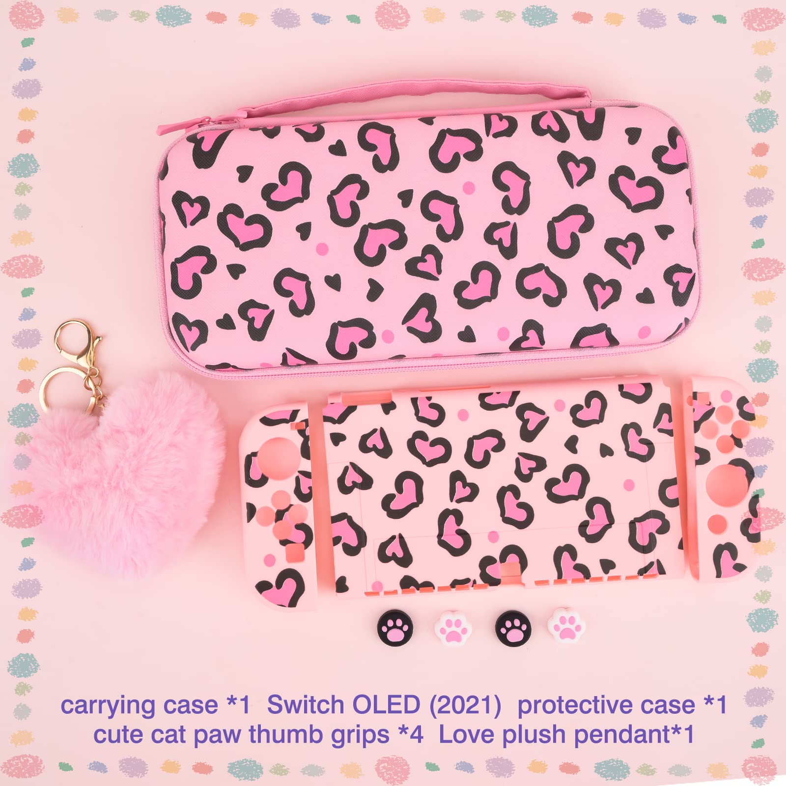 DLseego Pink Love Leopard Carrying Case for Switch OLED, Cute Silicone Protective Soft Cover with 4PCS Thumb Grip Caps and Pink Plush Heart Pendant Hard Storage Case Accessories Kit Bundle for Girls