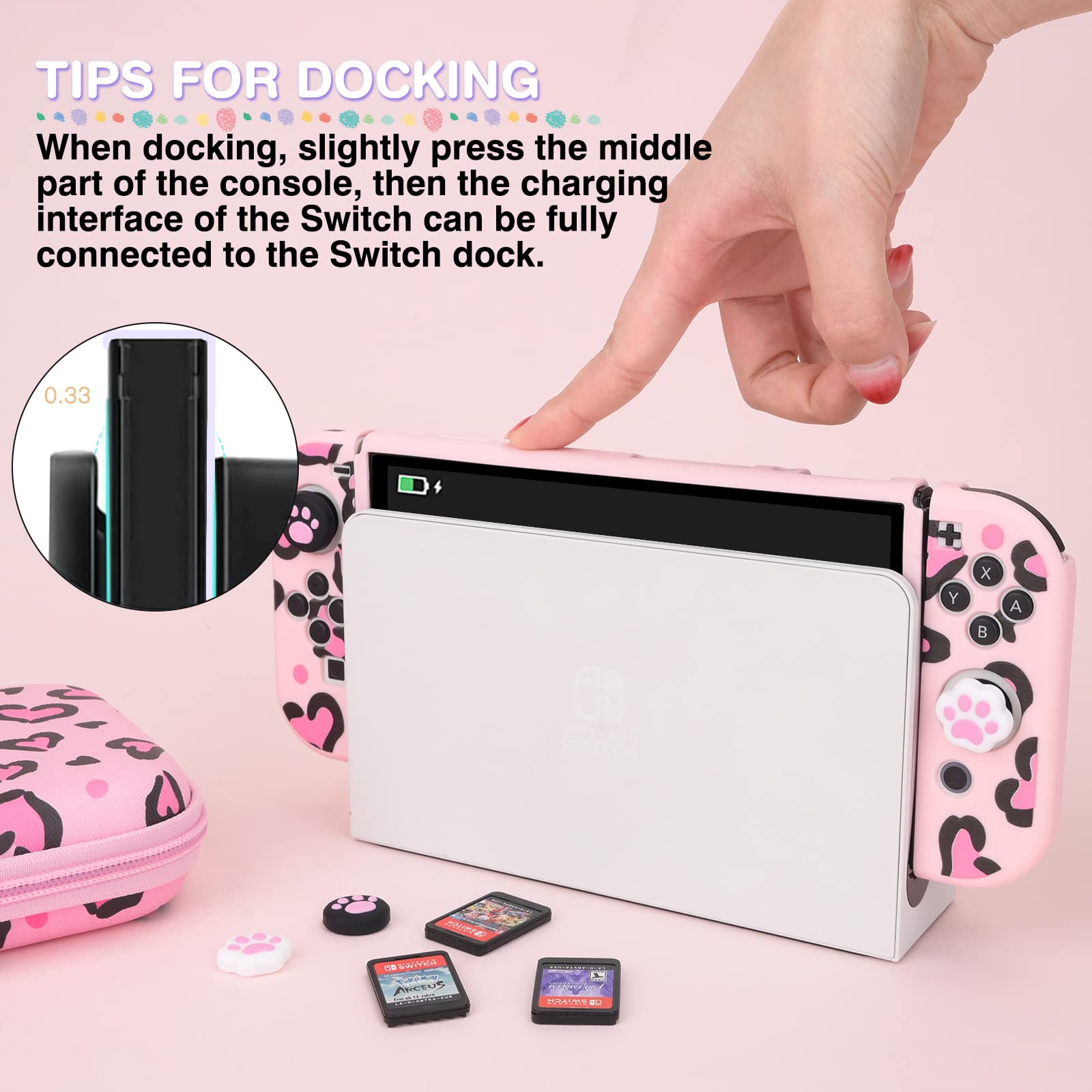 DLseego Pink Love Leopard Carrying Case for Switch OLED, Cute Silicone Protective Soft Cover with 4PCS Thumb Grip Caps and Pink Plush Heart Pendant Hard Storage Case Accessories Kit Bundle for Girls