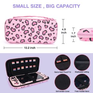 DLseego Pink Love Leopard Carrying Case for Switch OLED, Cute Silicone Protective Soft Cover with 4PCS Thumb Grip Caps and Pink Plush Heart Pendant Hard Storage Case Accessories Kit Bundle for Girls