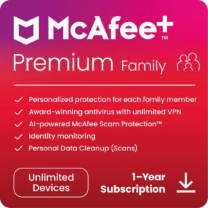 mcafee+ premium family plan, 2024 | unlimited devices | identity and privacy protection software includes unlimited secure vpn, identity monitoring, password manager and antivirus | download