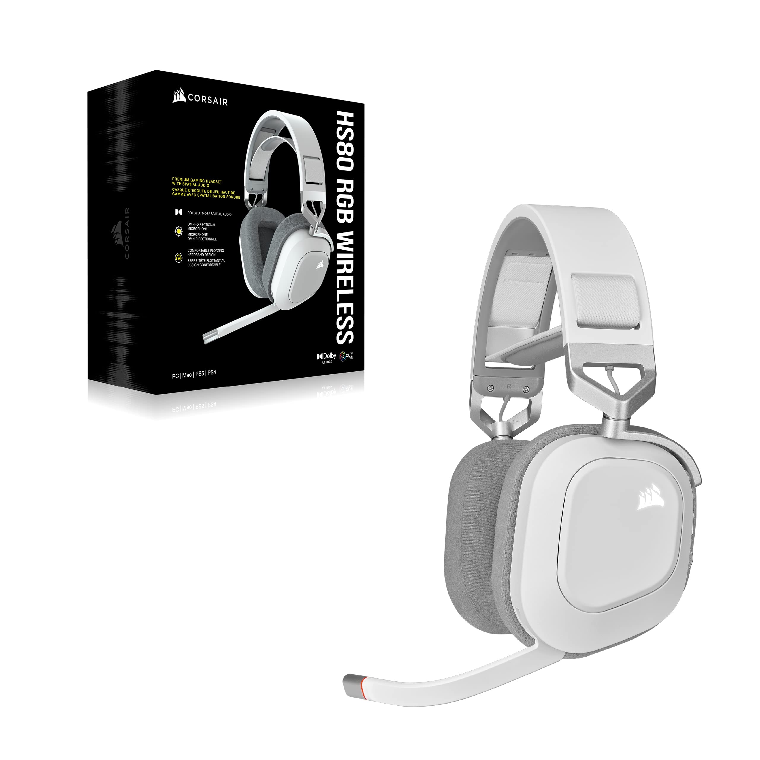 Corsair HS80 RGB WIRELESS Premium Gaming Headset with Dolby Atmos Audio - White(Renewed)