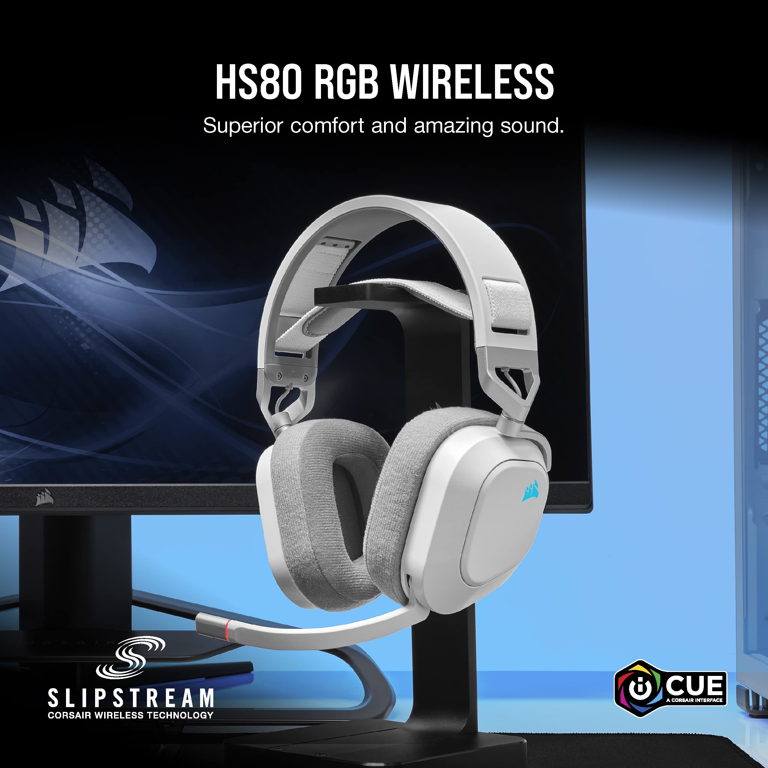 Corsair HS80 RGB WIRELESS Premium Gaming Headset with Dolby Atmos Audio - White(Renewed)