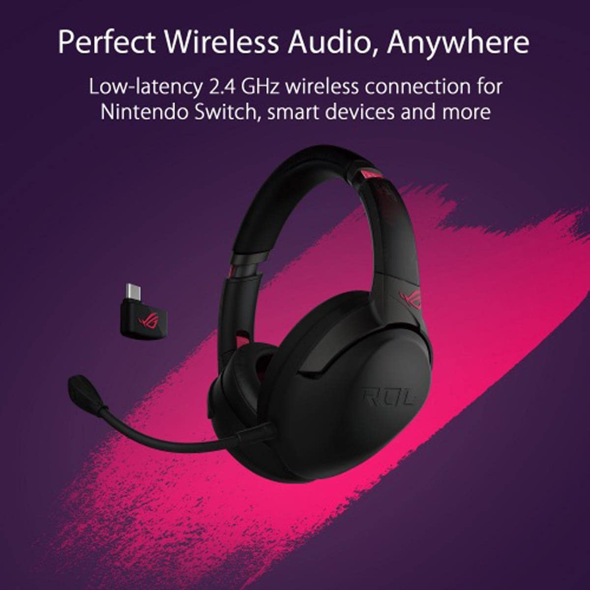 ASUS ROG Strix Go 2.4 Electro Punk Wireless Gaming Headphones with USB-C 2.4 GHz Adapter | Ai Powered Noise-Cancelling Microphone | Over-ear Headphones for PC, Mac, Nintendo Switch, and PS4