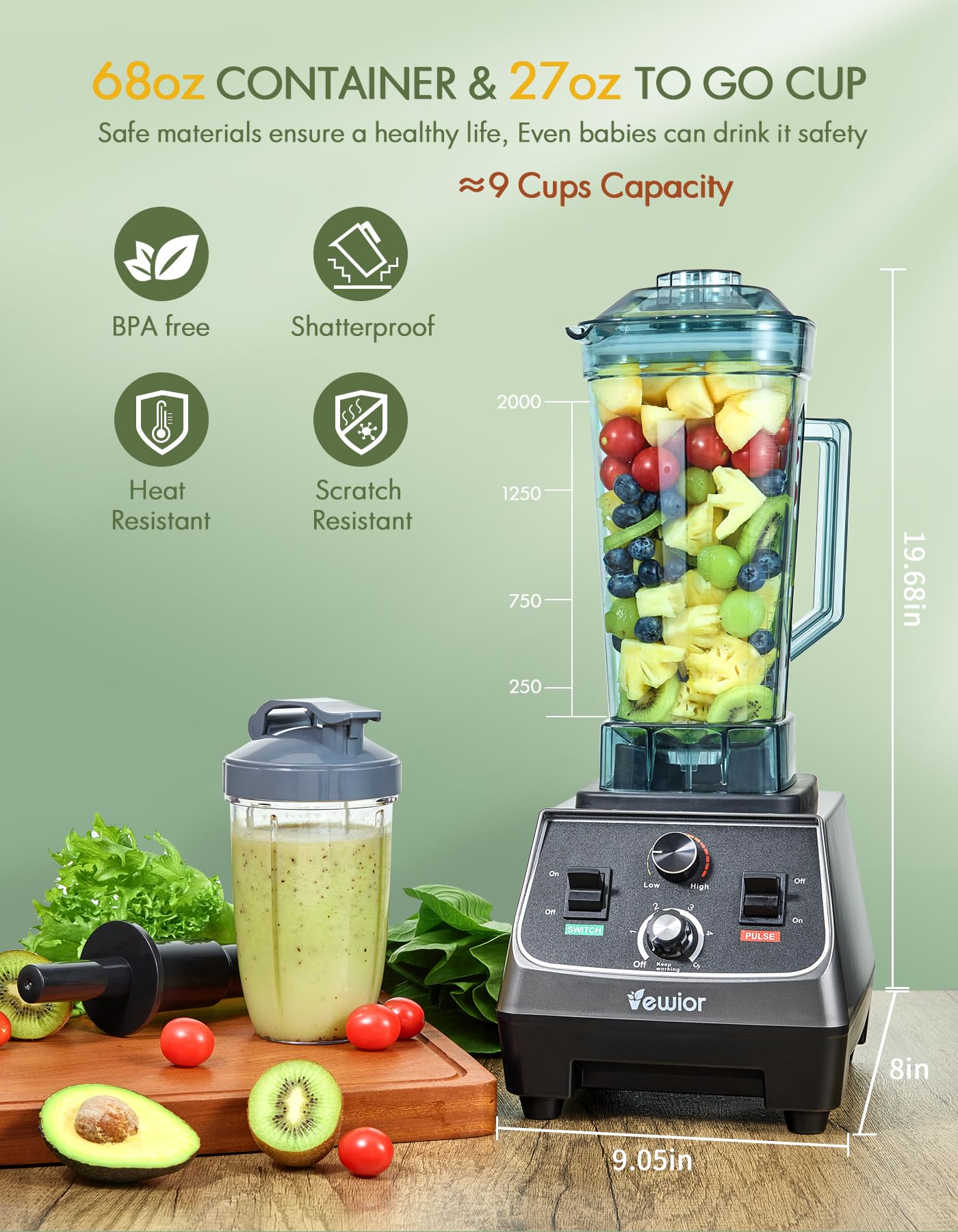 VEWIOR 2200W Blenders for Kitchen, Professional Smoothie Blender with 68oz Tritan Container & 27oz To-Go Cup, Countertop Blender for Smoothies