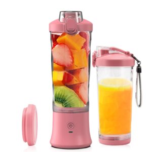 portable blender usb rechargeable, personal size blender juicer machines cup for smoothies and shakes, 20oz mini fruit mixer cup with six blades (pink)