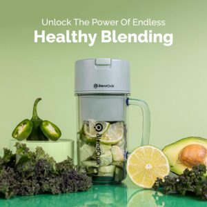 BlendQuik Personal Portable Blender for Smoothies & Shakes, Leakproof & Stylish Design Rechargeable Portable Smoothie Blender On The Go, Mason Jar Blender w/ 10-Blade Blending System 14oz, Light Green