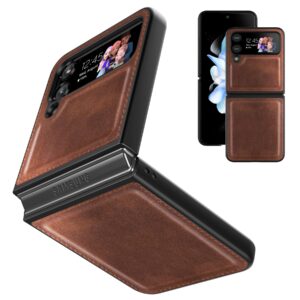 Foluu Case for Samsung Galaxy Z Flip 4 5G 2022, Galaxy Z Flip 4 Leather Case, PU Leather + Hard PC Shell Ultra Thin Slim Durable Protective Phone Case Cover for (Brown)