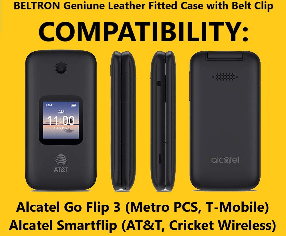 Fitted Leather Case for Alcatel Smartflip/Alcatel Go Flip 3, Features: Rotating Belt Clip, Screen & Keypad Protection, Secure Fit - Smartflip (AT&T Cricket Wireless), Go Flip 3 (Metro PCS T-Mobile)