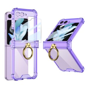 puroom for samsung galaxy z flip 5 case hinge protection luxury soft transparent with ring holder built-in screen protector all-inclusive shockproof case (purple)