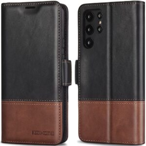 kezihome galaxy s22 ultra case, genuine leather [rfid blocking] wallet case card slot flip magnetic stand phone cover compatible with samsung galaxy s22 ultra (2022) (black/brown)