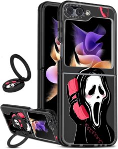 toycamp for samsung galaxy z flip 5 case with ring holder, cute fun funny skull skeleton scary face designed shockproof protective designer phone cases for z flip 5 for women girls boys teens kids