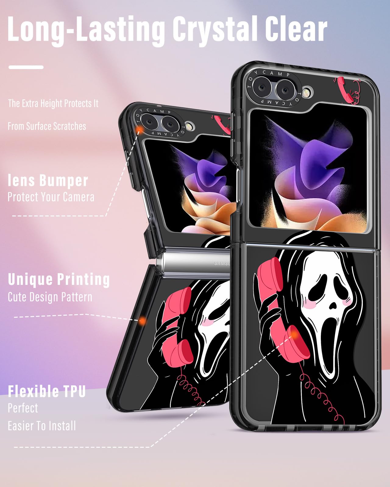 Toycamp for Samsung Galaxy Z Flip 5 Case with Ring Holder, Cute Fun Funny Skull Skeleton Scary Face Designed Shockproof Protective Designer Phone Cases for z flip 5 for Women Girls Boys Teens Kids