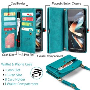 DKDKSIP for Samsung Galaxy Z Fold 5 Wallet Case for Women, RFID Blocking Card Holder, PU Leather Flip Phone Case with Crossbody Strap Wristlet Kickstand for Galaxy Z Fold 5, Blue