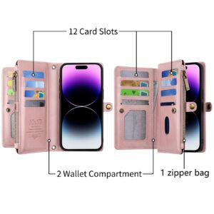 MInCYB for iPhone 15 Plus Wallet Case with Card Holder (12 Card Slots) - PU Leather Case for Women & Men, Wireless Charging, Detachable Magnetic, Crossbody Strap, Shockproof Protective Phone Cover.