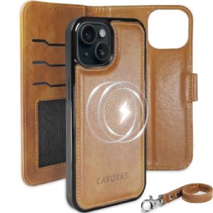 cavokas iphone 15 wallet case, detachable leather case with card holder, strong magnetic compatible with magsafe wireless charging, kickstand shockproof cover 6.1 inch, brown