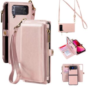 mincyb samsung galaxy z flip 4 case, z flip 4 wallet case for women men zipper purse, detachable magnetic phone cover with rfid blocking, leather wallet for z flip 4. pink