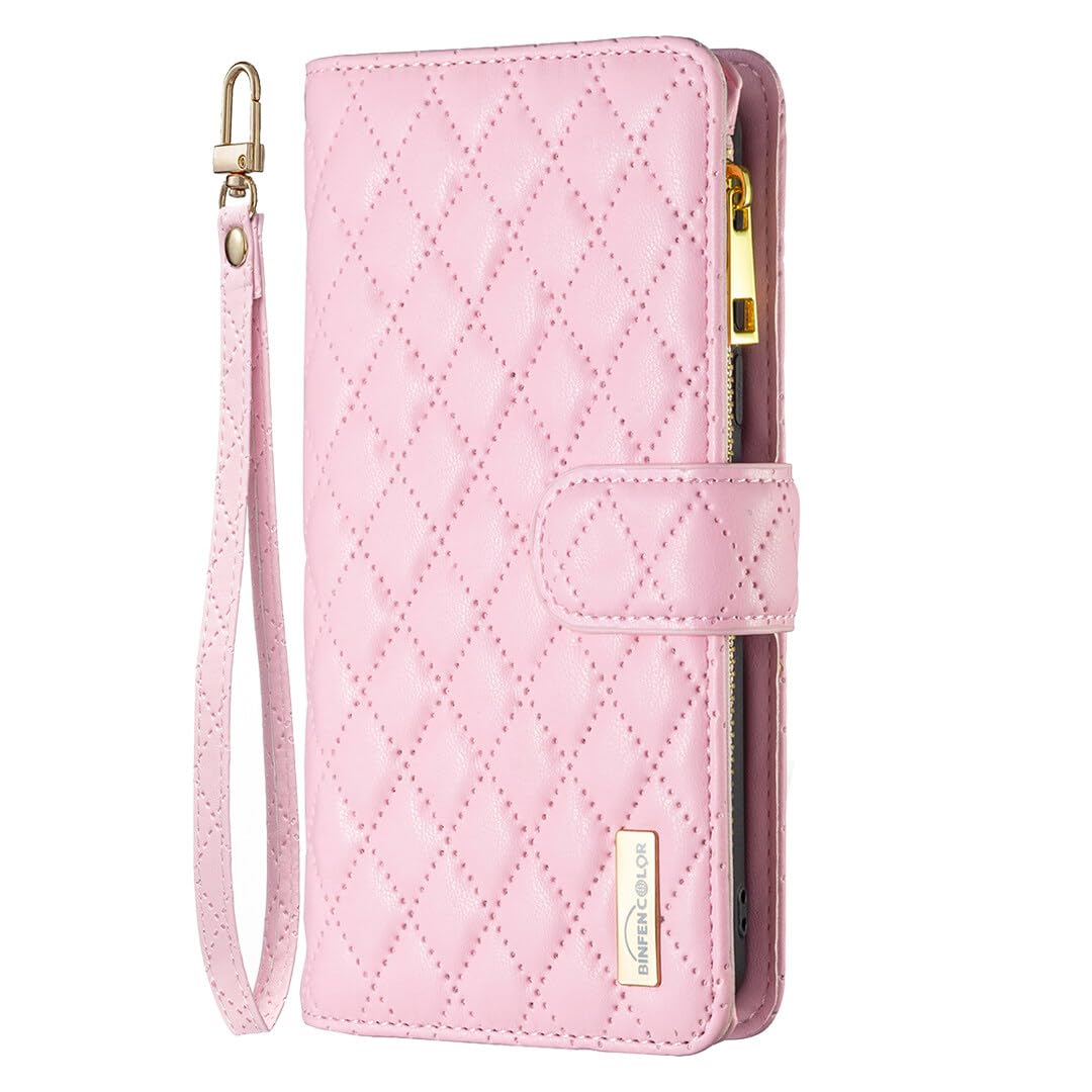 SUPWALL Wallet Case Compatible for iPhone 13 Pro | Flip Leather Case with Removable Wristlet Strap and 9 Card Holder | Magnetic Closure Case with Zipper for Men Women | Pink