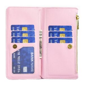 SUPWALL Wallet Case Compatible for iPhone 13 Pro | Flip Leather Case with Removable Wristlet Strap and 9 Card Holder | Magnetic Closure Case with Zipper for Men Women | Pink