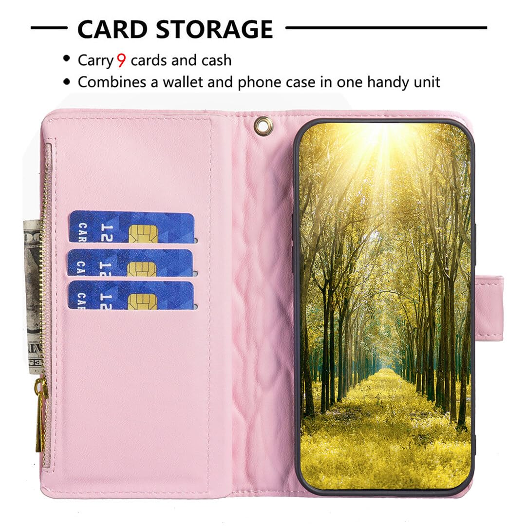 SUPWALL Wallet Case Compatible for iPhone 13 Pro | Flip Leather Case with Removable Wristlet Strap and 9 Card Holder | Magnetic Closure Case with Zipper for Men Women | Pink