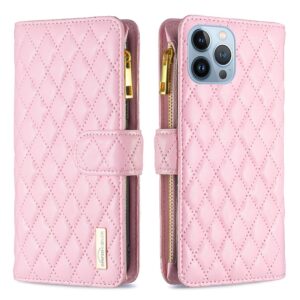 SUPWALL Wallet Case Compatible for iPhone 13 Pro | Flip Leather Case with Removable Wristlet Strap and 9 Card Holder | Magnetic Closure Case with Zipper for Men Women | Pink