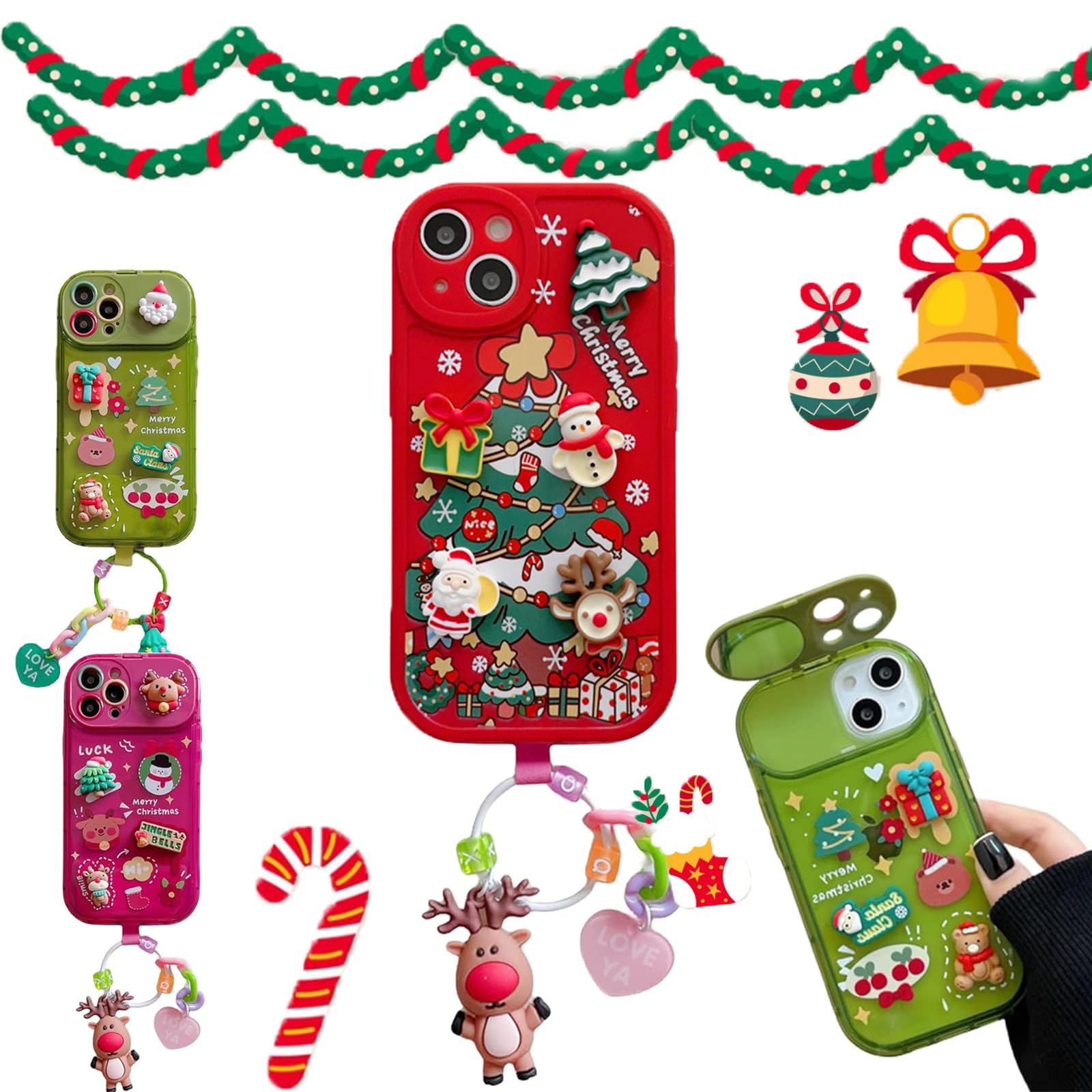 LELEBEAR Christmas Phone Case, Christmas Tree Pendant Flip Mirror Case Cover Suitable for iPhone 15 14 13 12 Series (Holiday red, 12 PRO MAX)