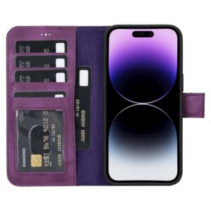 hardiston genuine leather handmade wallet case compatible with iphone 15 pro max - magsafe compatible - detachable magnetic flip cover with card holders - horizontal kickstand (purple)