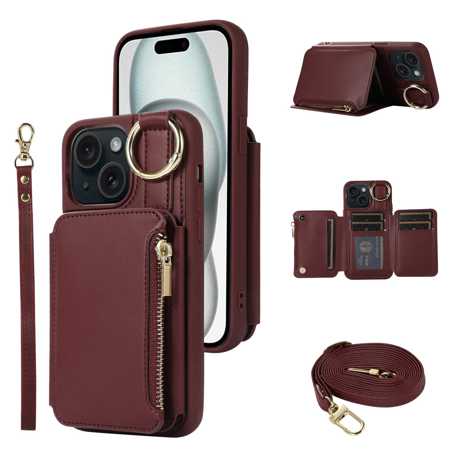 Furiet Wallet Case for iPhone 15 6.1 inch with Wrist Shoulder Strap Card Holder Ring StFlip Zipper PU Leather 6+ Slots RFID Blocking Phone Cover for iPhone15 5G i i-Phone i15 15Case Wine Red