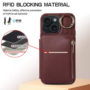 Furiet Wallet Case for iPhone 15 6.1 inch with Wrist Shoulder Strap Card Holder Ring StFlip Zipper PU Leather 6+ Slots RFID Blocking Phone Cover for iPhone15 5G i i-Phone i15 15Case Wine Red